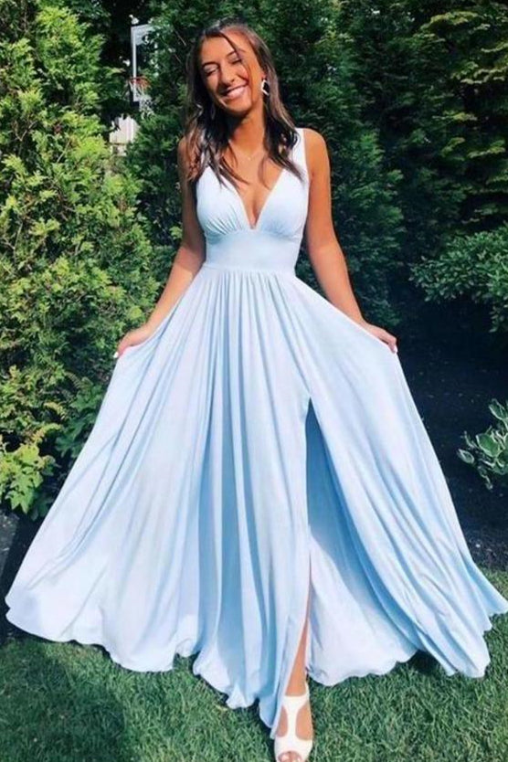 A Line Deep V Neck Light Sky Blue Long Prom Dress With Slit Fancyvestido