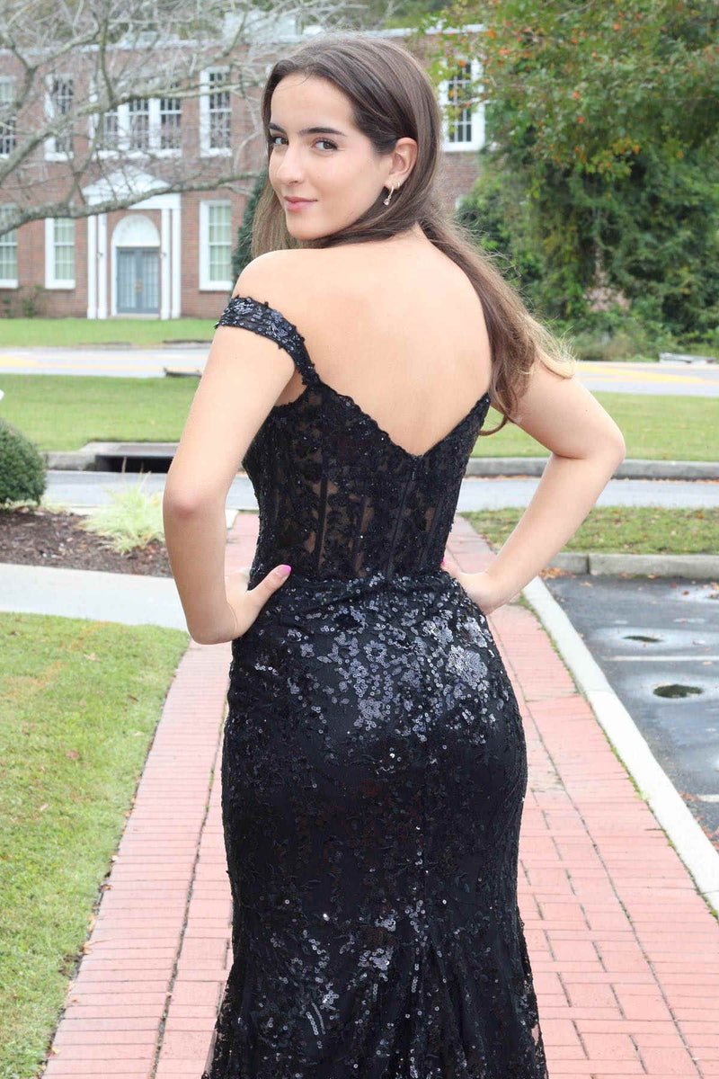 Off the Shoulder Gold Sequin Corset Mermaid Prom Dress with Slit – FancyVestido