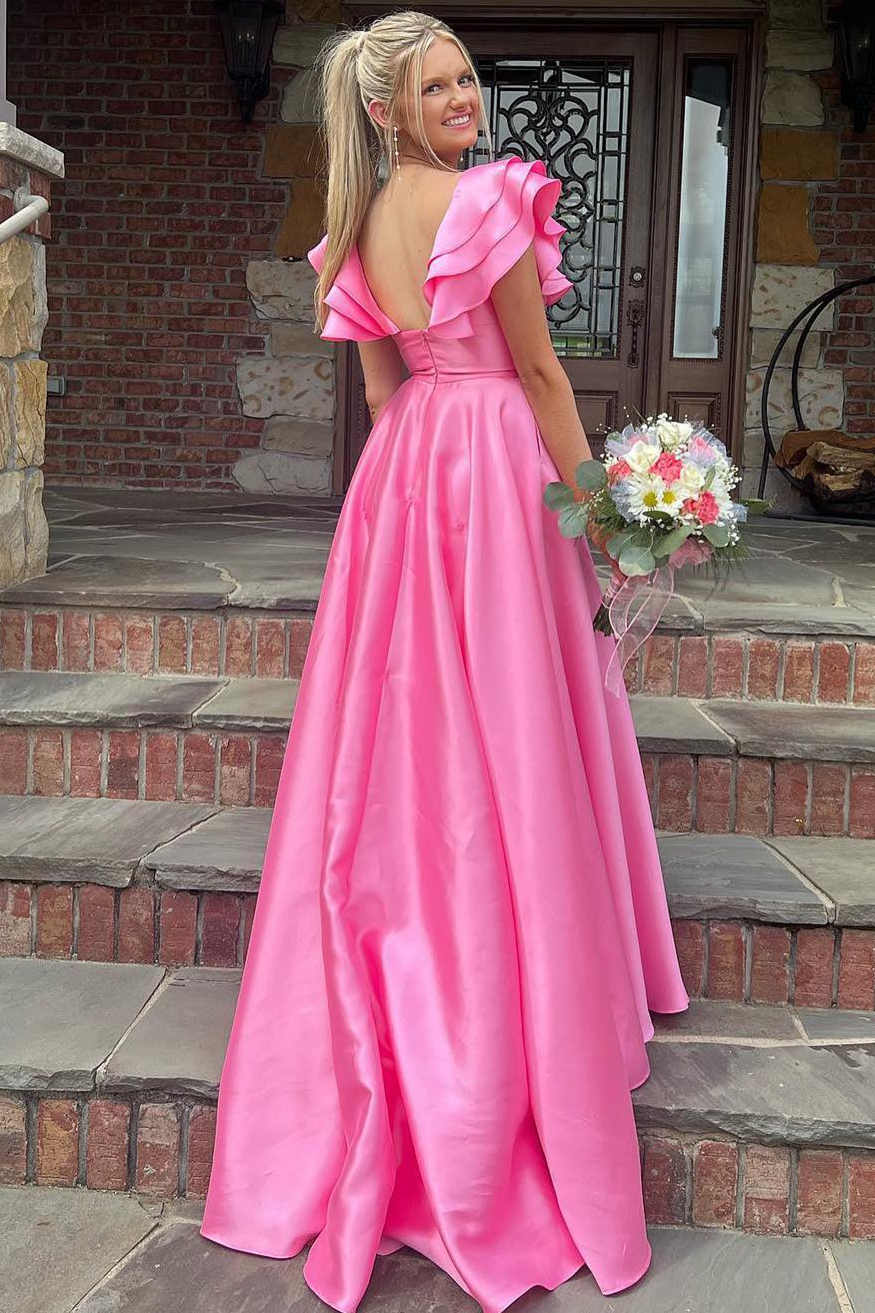 Hot Pink V-Neck Ruffle A-Line Long Prom Dress – FancyVestido