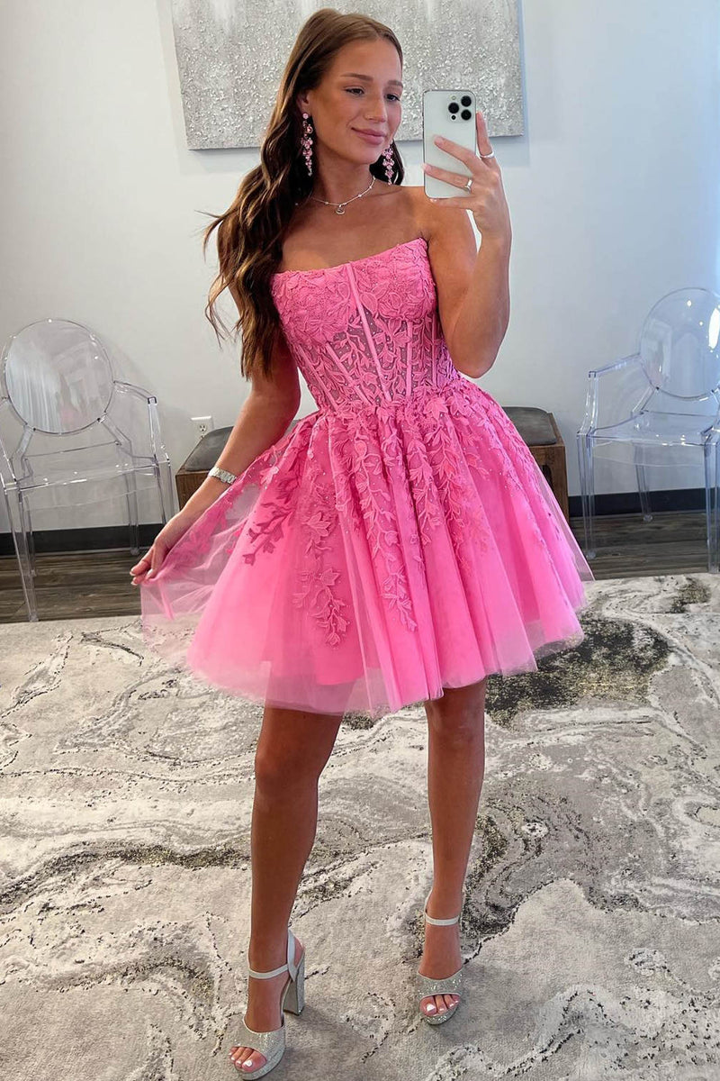 Strapless Hot Pink A-Line Short Party Dress with Appliques – FancyVestido