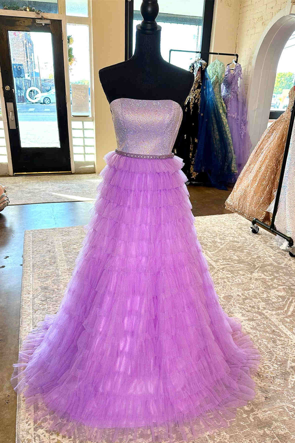 A-Line Strapless Lilac Layered Long Prom Dress with Rhinestones ...