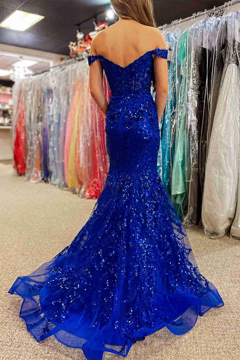 Off the Shoulder Gold Sequin Corset Mermaid Prom Dress with Slit – FancyVestido