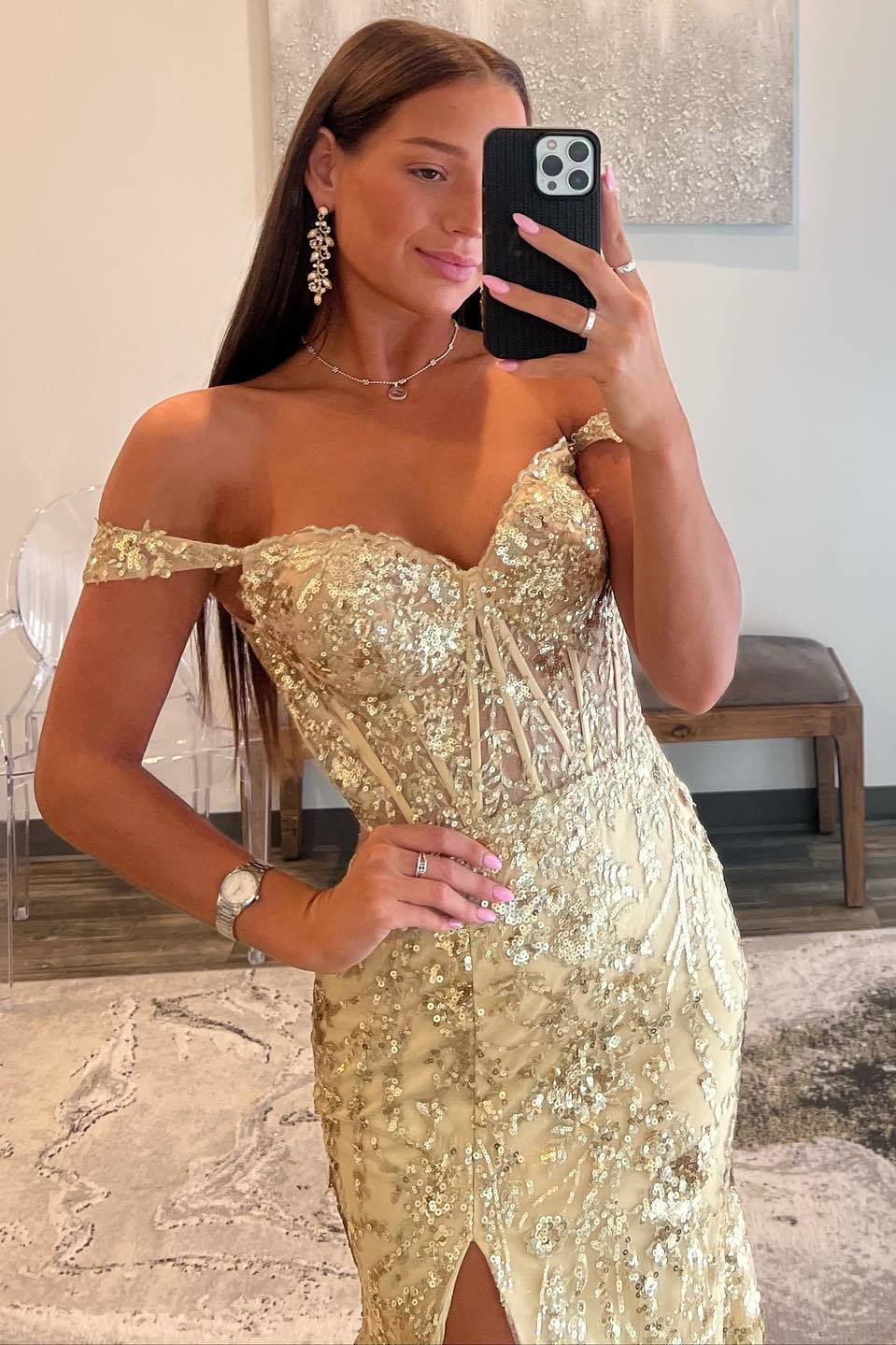 Off the Shoulder Gold Sequin Corset Mermaid Prom Dress with Slit – FancyVestido