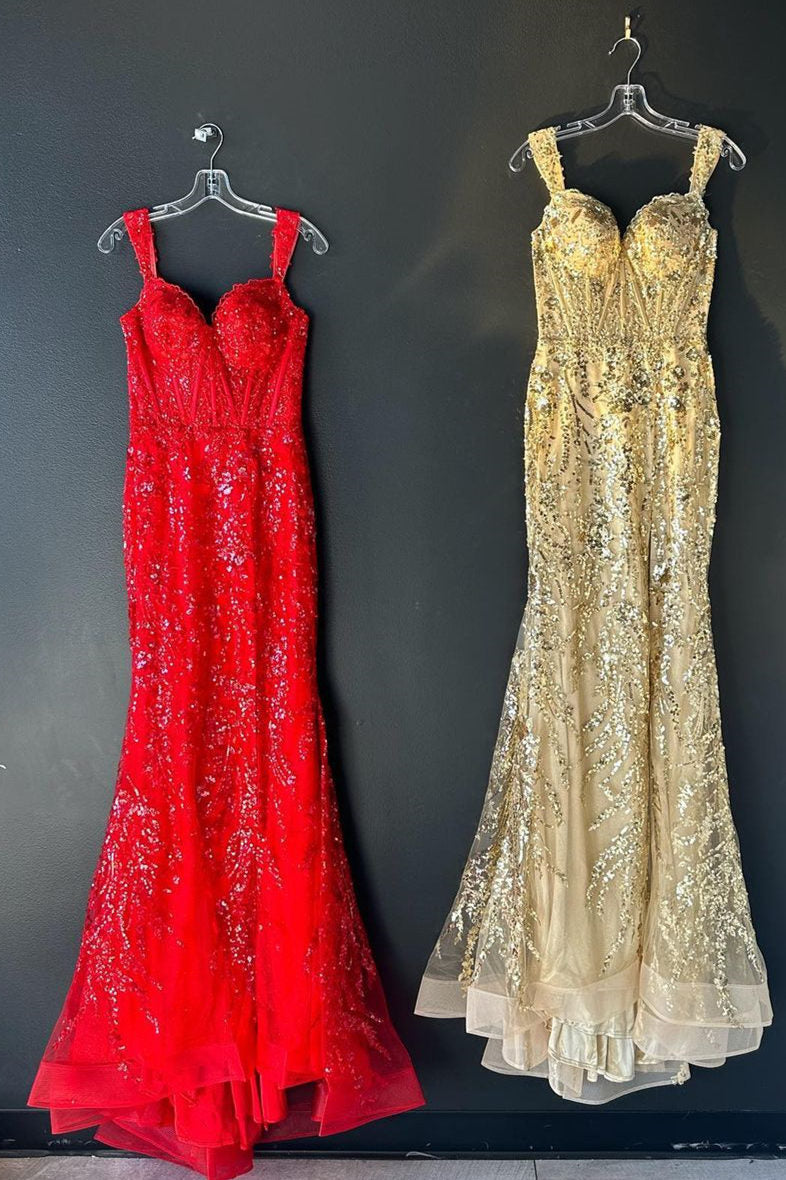 Off the Shoulder Gold Sequin Corset Mermaid Prom Dress with Slit – FancyVestido