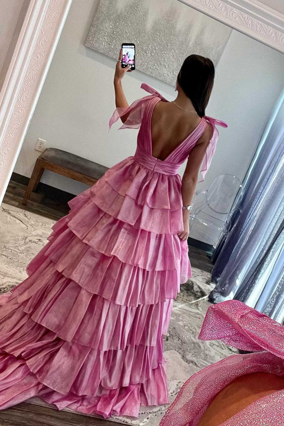 Glitter Tie Straps Pink Plunging Neck Tiered Long Prom Dress – FancyVestido