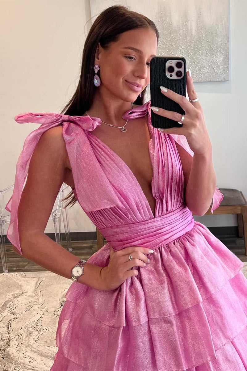 Glitter Tie Straps Pink Plunging Neck Tiered Long Prom Dress – FancyVestido