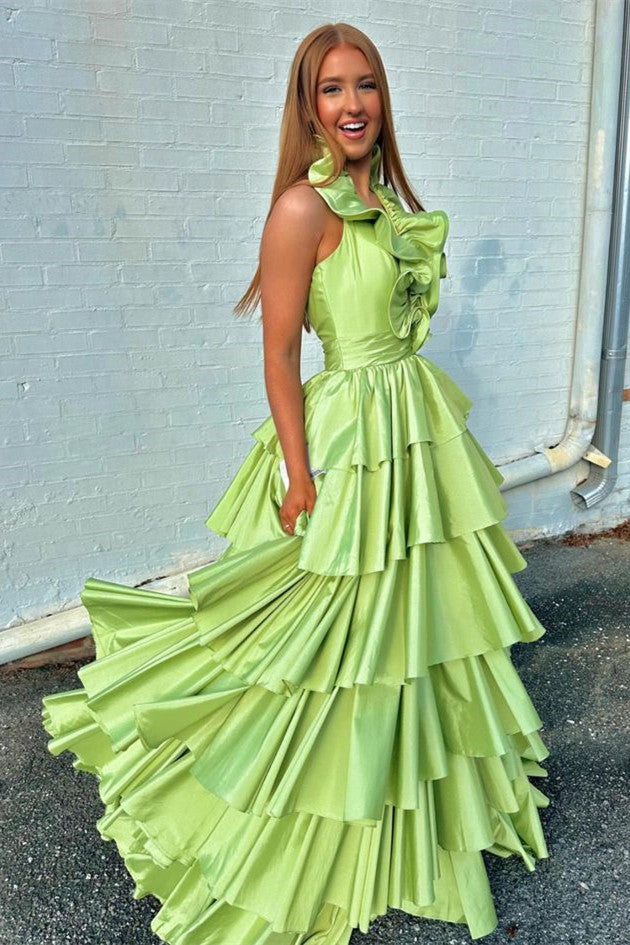 Halter Red Ruffle Tiered A-Line Prom Dress – FancyVestido