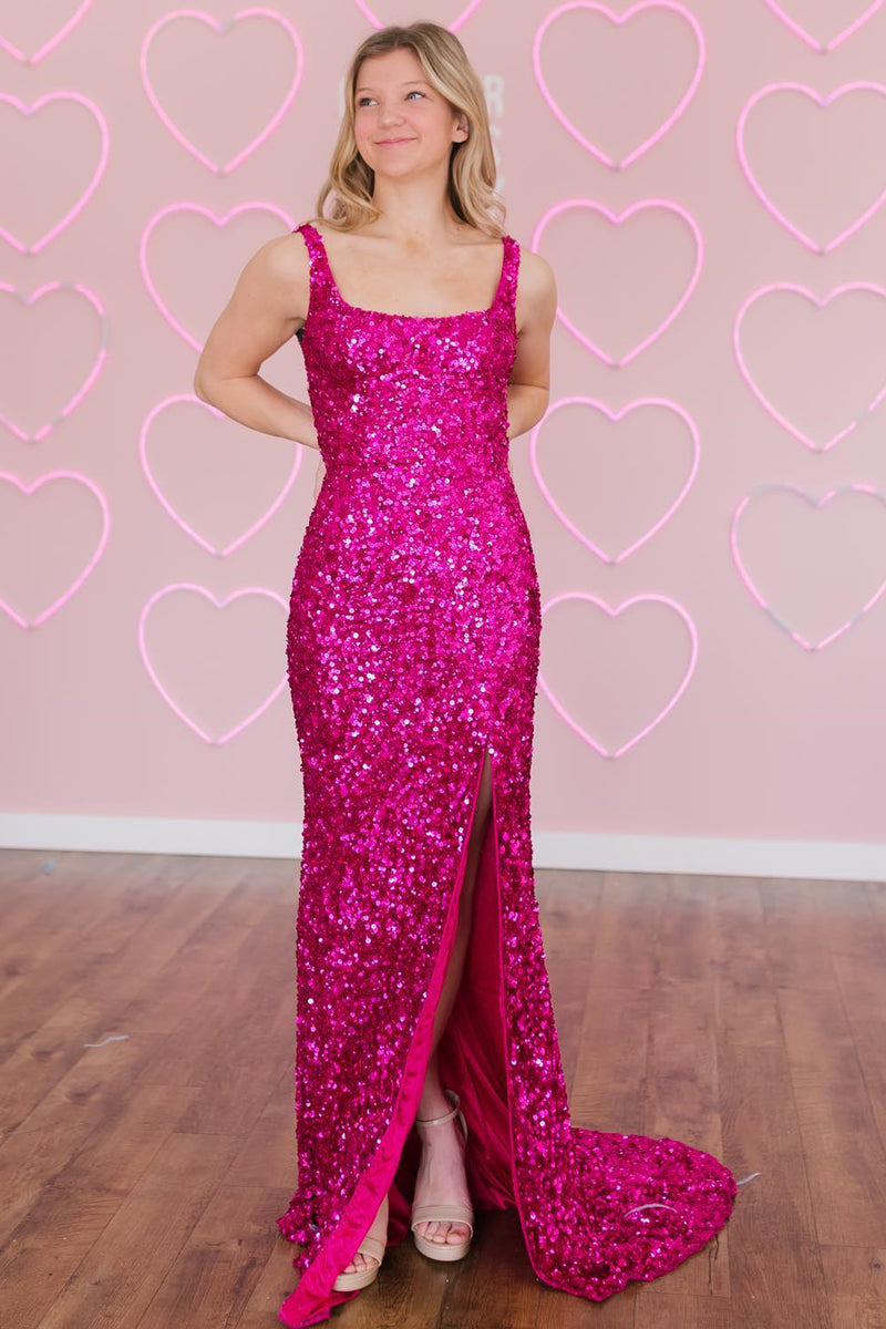 Long Gold Square Neck Prom Dress with High Slit – FancyVestido