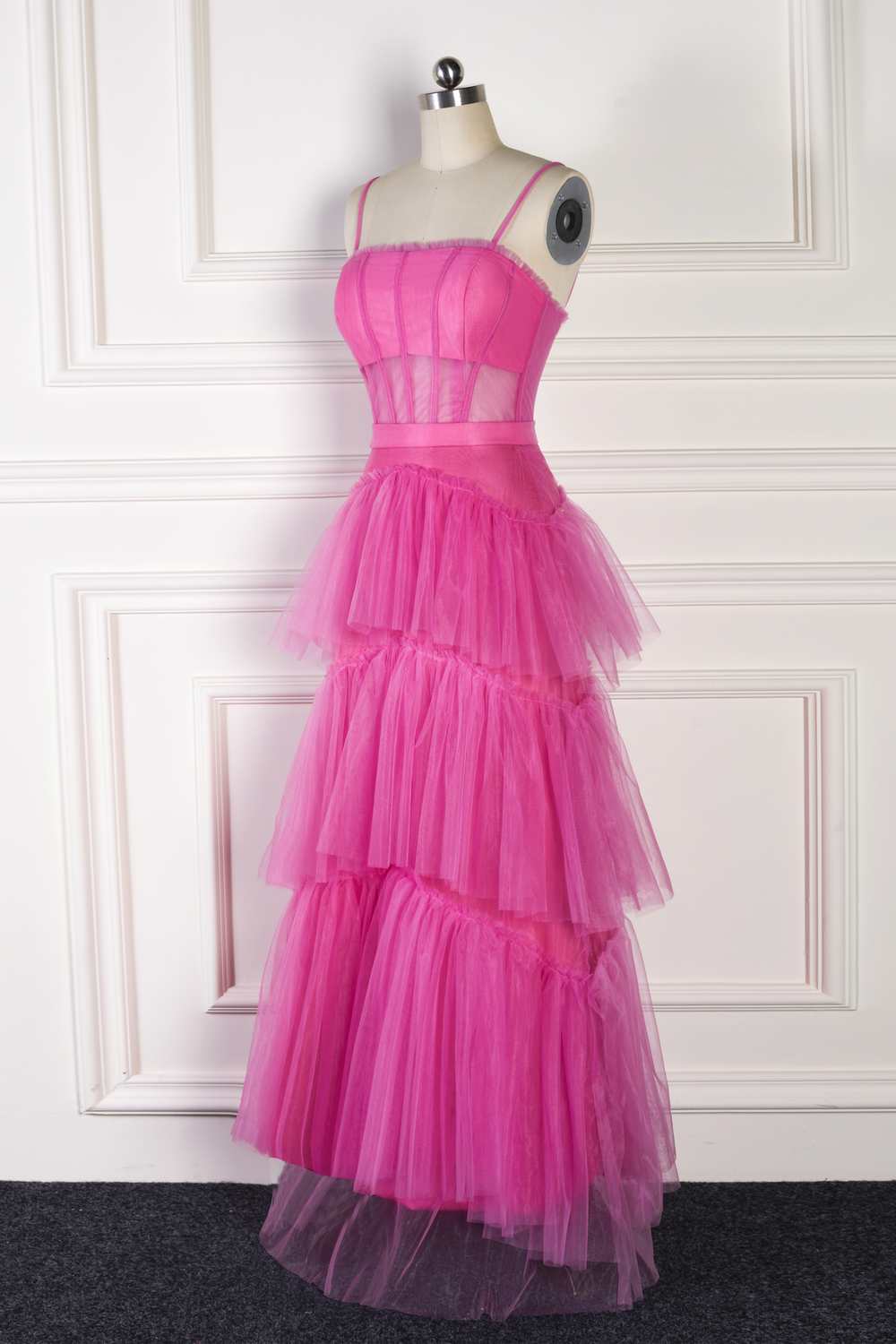 Straps Hot Pink Ruffle Layered Prom Dress – FancyVestido