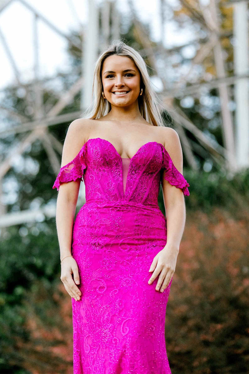 Magenta Off the Shoulder Mermaid Lace Prom Dress – FancyVestido