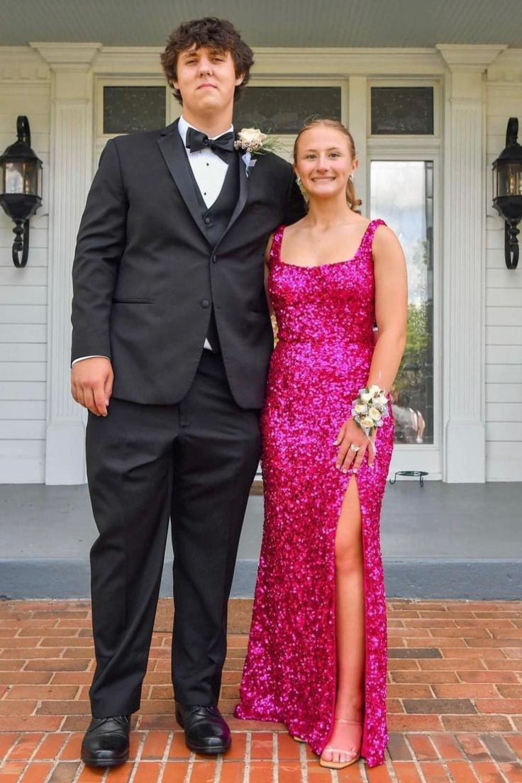 Long Gold Square Neck Prom Dress with High Slit – FancyVestido