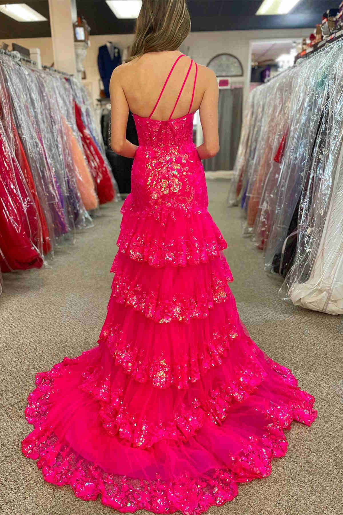 One Shoulder Pink Corset Sequin Tiered Long Formal Dress – FancyVestido