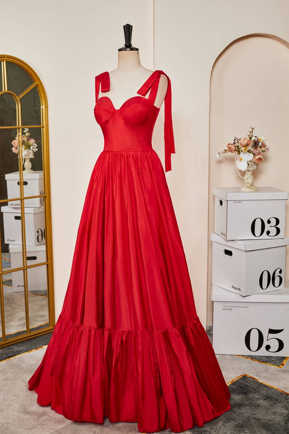 Tie Straps Red Corset A-Line Long Prom Dress – FancyVestido