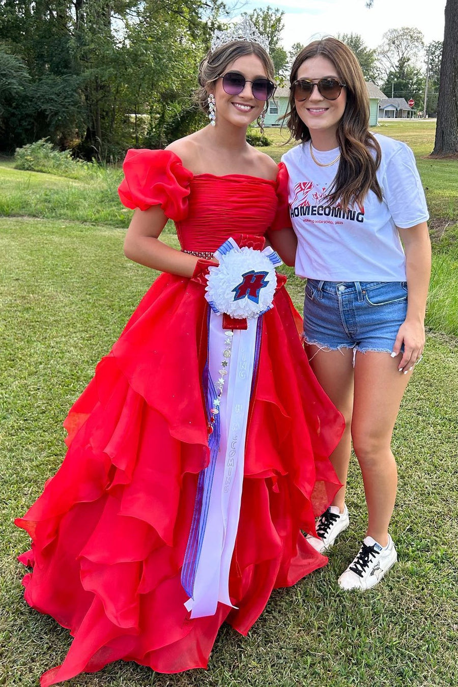 Off the Shoulder Red Balloon Sleeves Ruffle Layered Prom Dress ...