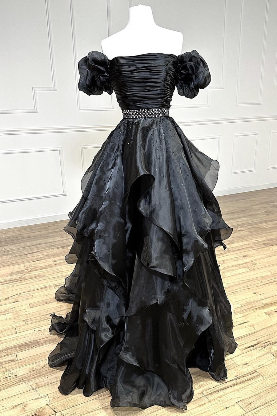 Off the Shoulder Red Balloon Sleeves Ruffle Layered Prom Dress ...