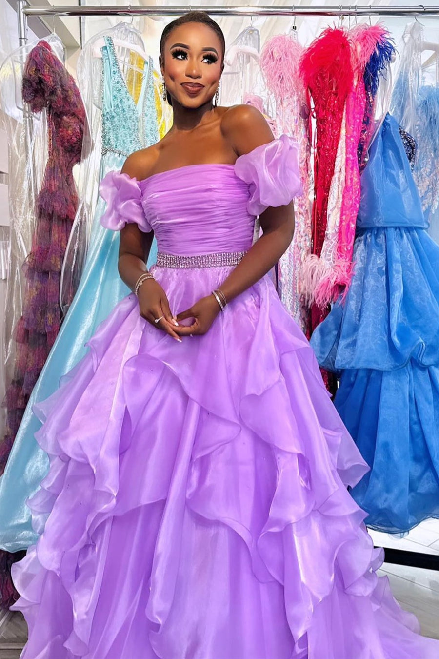 Off the Shoulder Red Balloon Sleeves Ruffle Layered Prom Dress ...