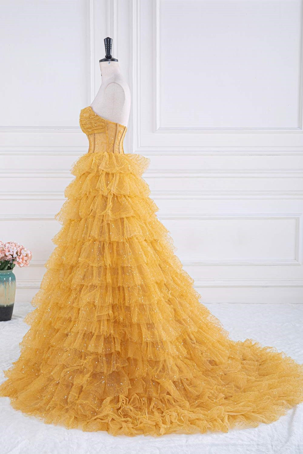 Gold Strapless Sequin Ruffle Layered Long Prom Dress – FancyVestido