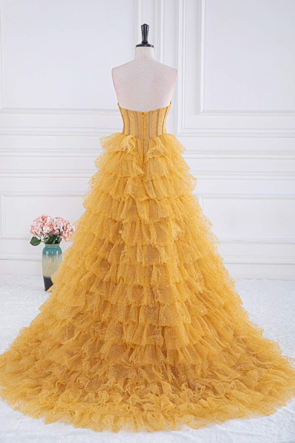 Gold Strapless Sequin Ruffle Layered Long Prom Dress – FancyVestido