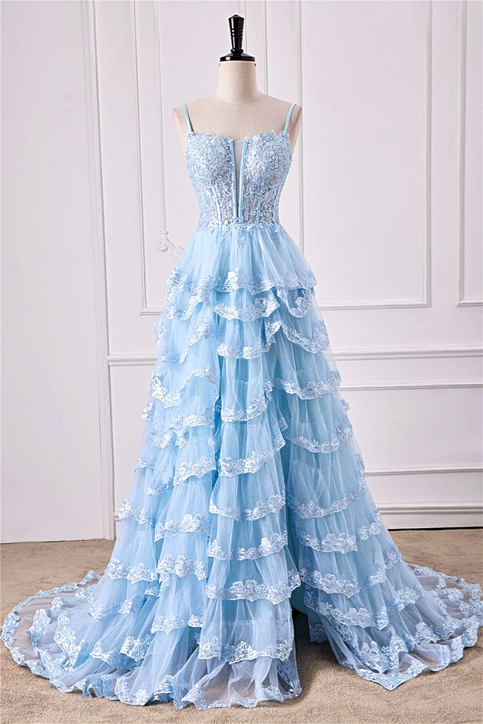 Straps Plunging Neck Light Blue Ruffle Prom Dress with Appliques ...