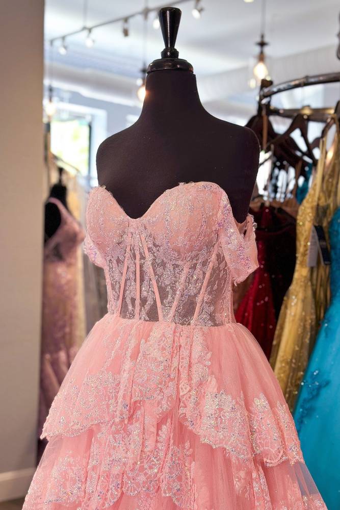 Off the Shoulder Light Pink Corset Tiered Long Prom Dress – FancyVestido