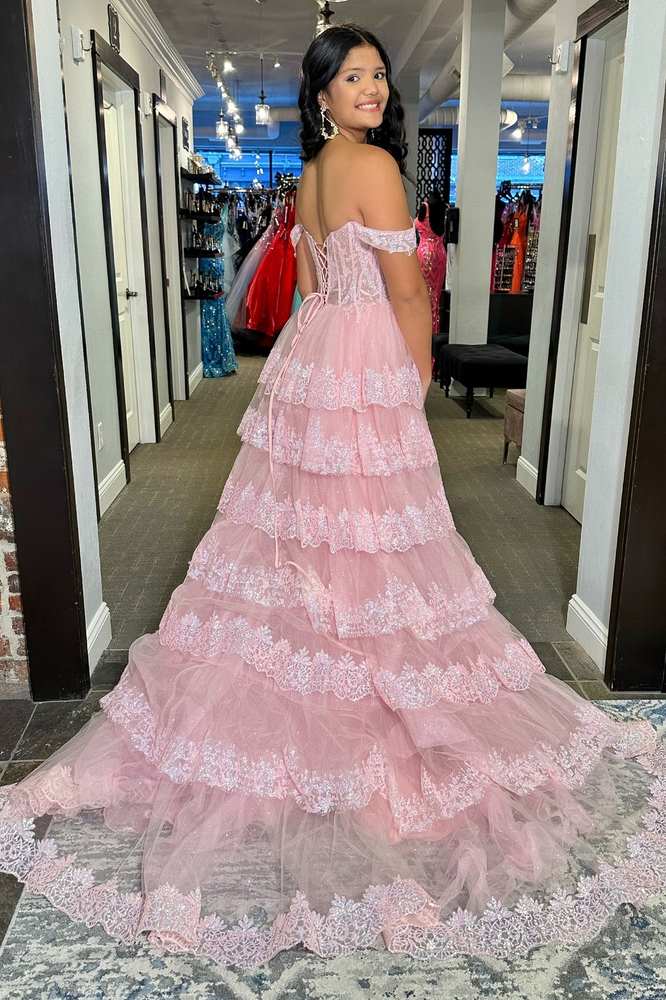 Off the Shoulder Light Pink Corset Tiered Long Prom Dress – FancyVestido