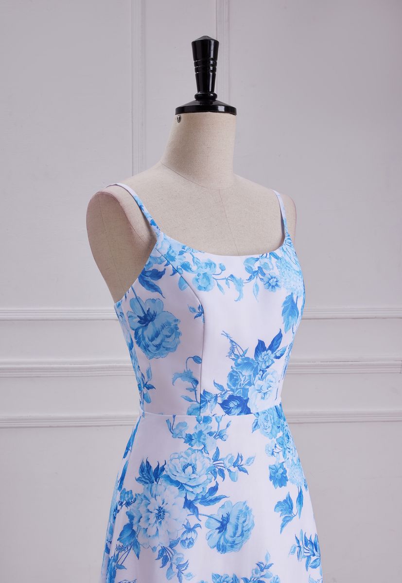 Blue Flower Print A Line Spaghetti Strap Dress Chiffon Prom Dress ...