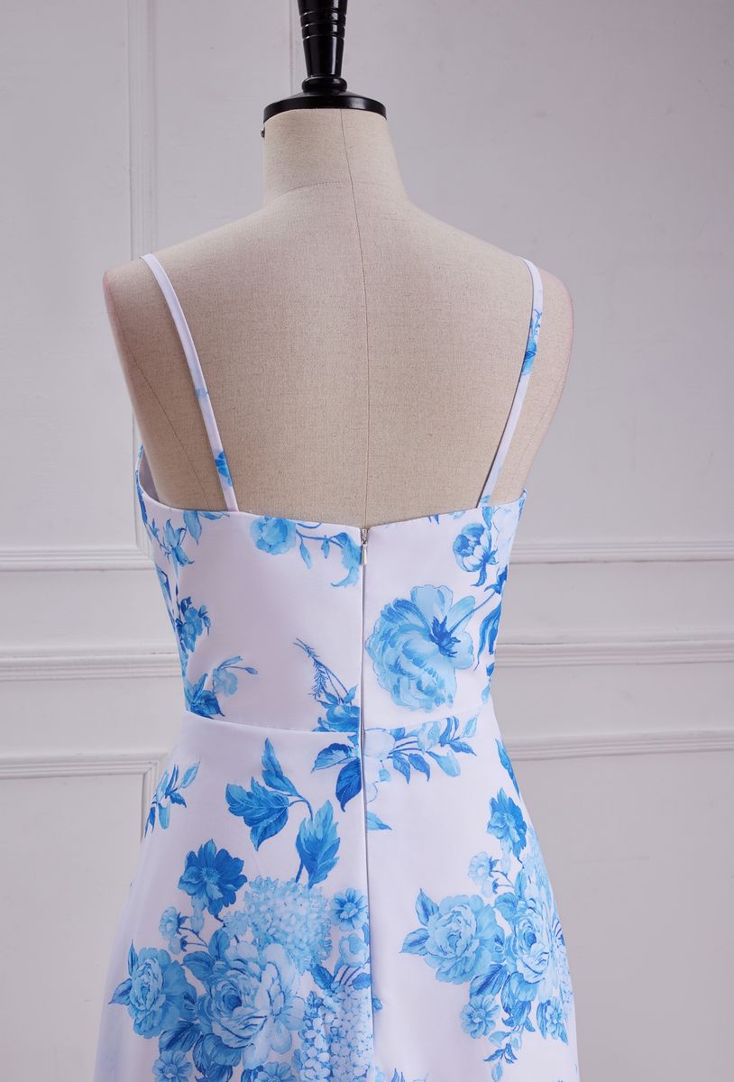 Blue Flower Print A Line Spaghetti Strap Dress Chiffon Prom Dress ...