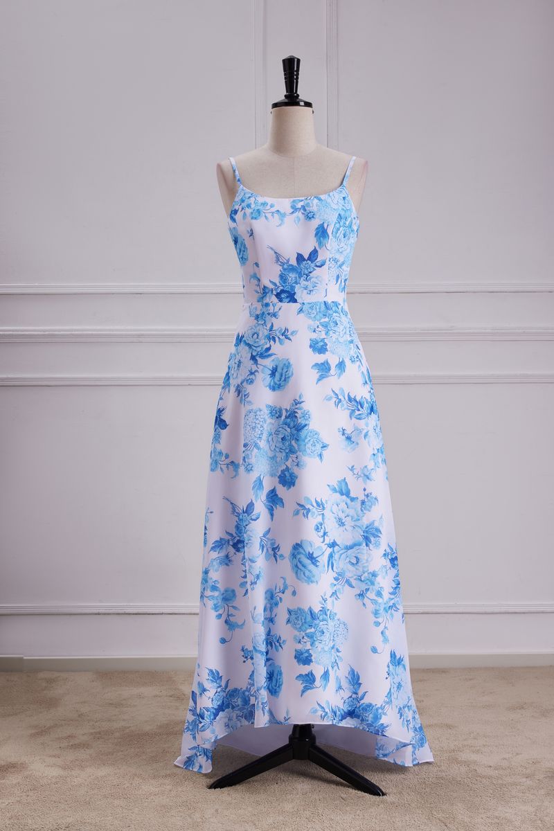 Blue Flower Print A Line Spaghetti Strap Dress Chiffon Prom Dress ...