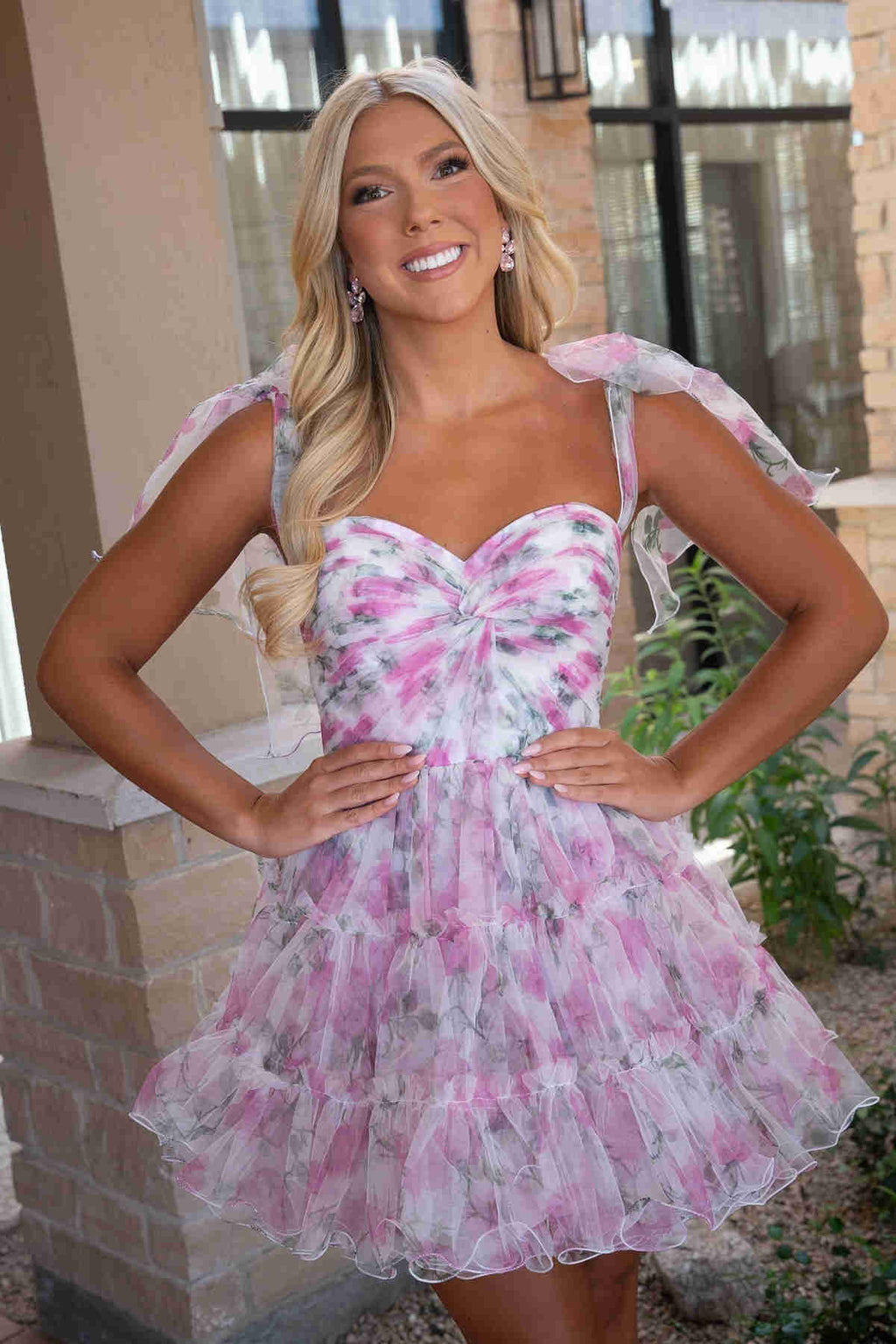 Princess Pink Floral Print Tulle Homecoming Dress with Bow Sleeves ...