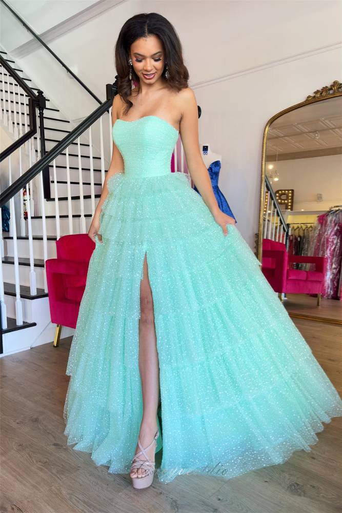 Strapless Mint Green Ruffle Prom Dress with Slit – FancyVestido