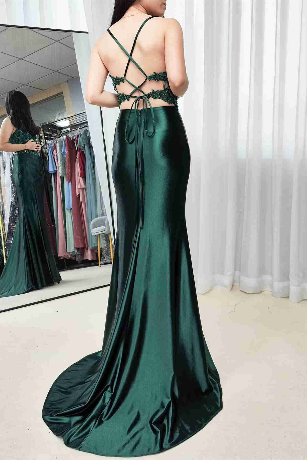 Mermaid Emerald Green Straps Ruched Prom Dress with Slit – FancyVestido