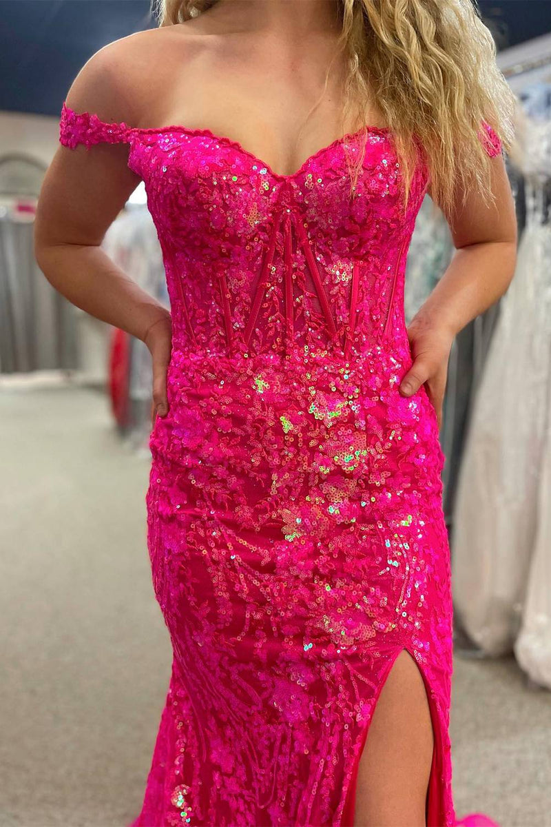 Off the Shoulder Gold Sequin Corset Mermaid Prom Dress with Slit – FancyVestido