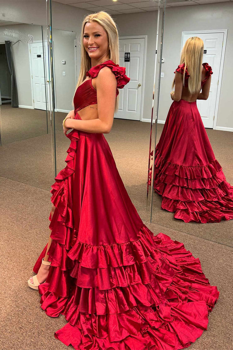 Ruffled Straps Red Pleated Layered Long Prom Dress – FancyVestido