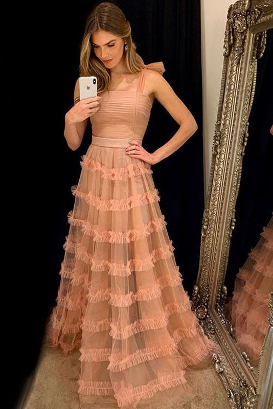 Elegant Straps Peach Long Prom Dress with Cascading Ruffles – FancyVestido