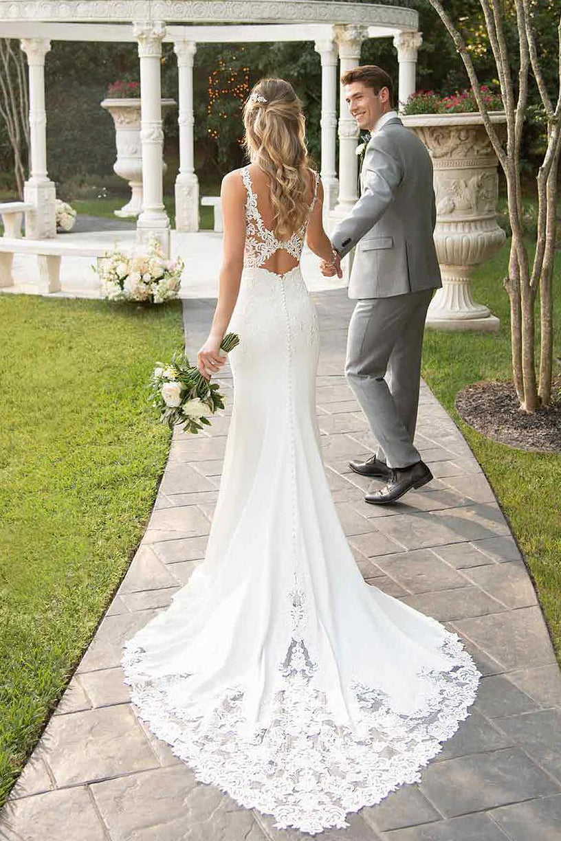 Lace Straps Court Train Mermaid White Wedding Dress – FancyVestido