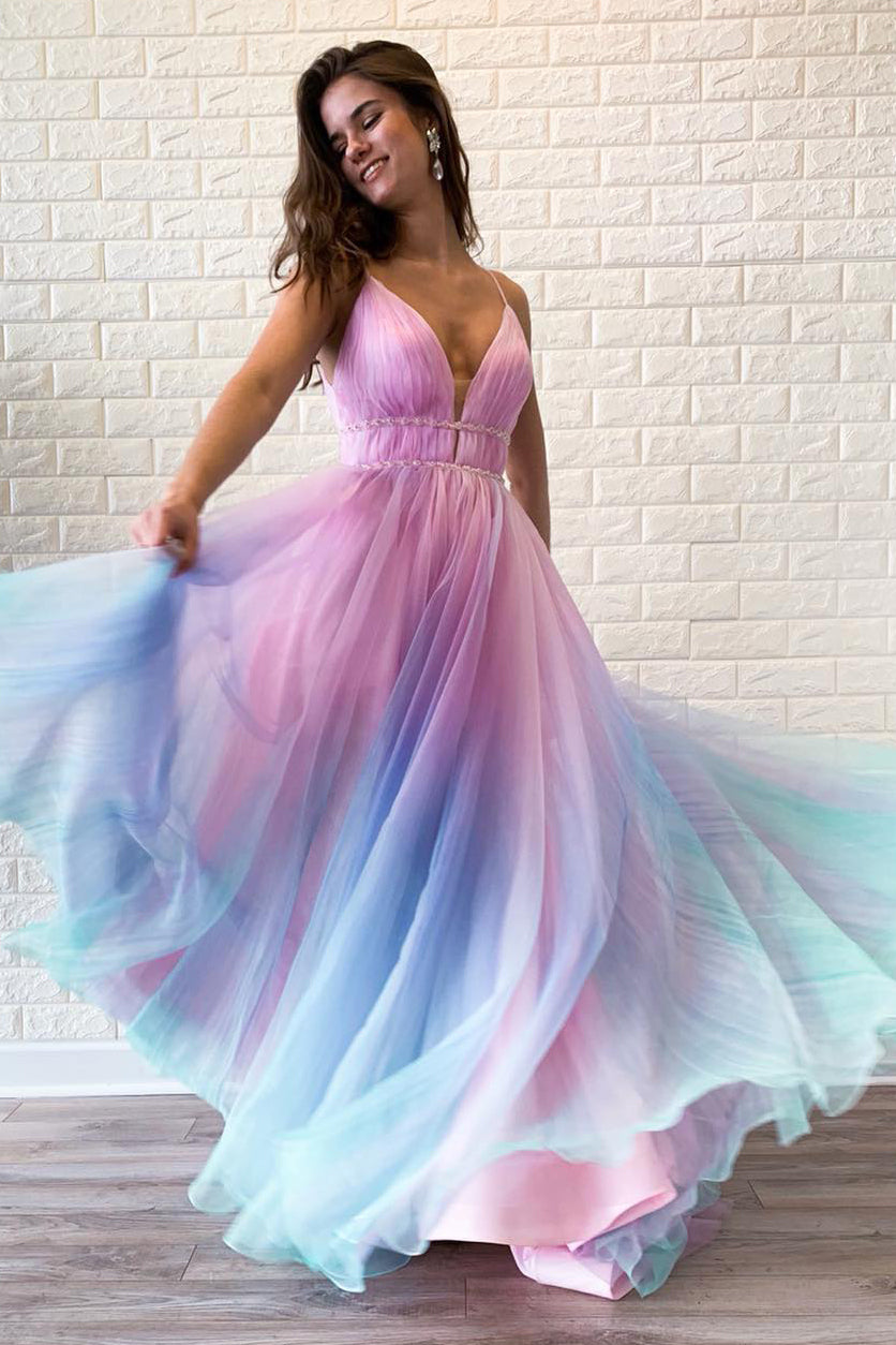V-Back Beading Multi-Colored Long Prom Dress – FancyVestido