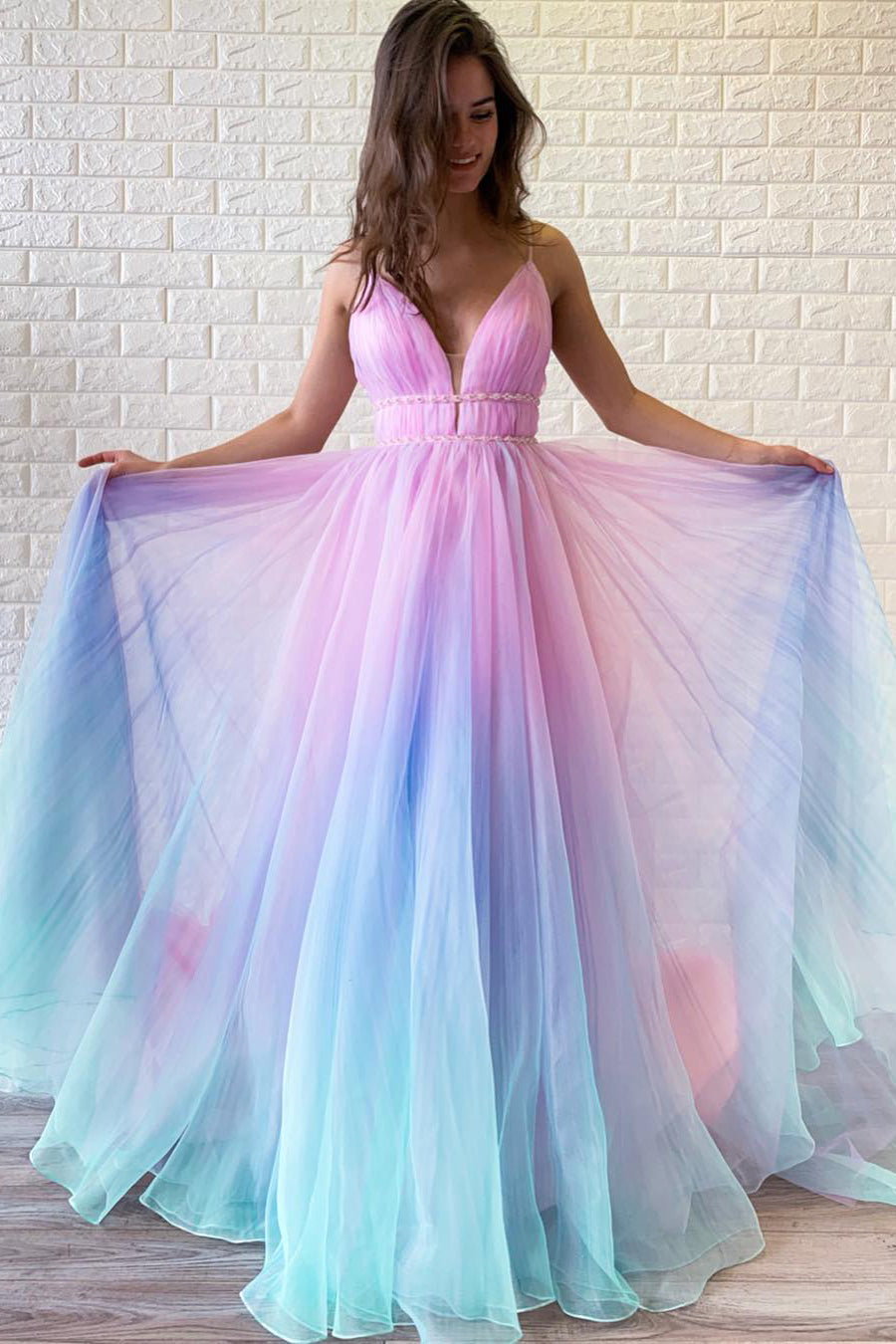 V-Back Beading Multi-Colored Long Prom Dress – FancyVestido