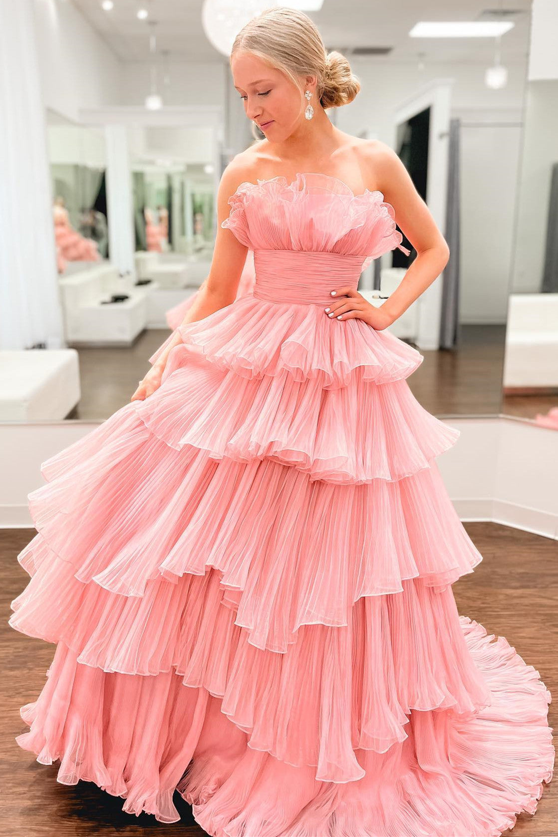 A-line Off-the-Shoulder Pink Ruffle Layers Tulle Long Prom Dress ...
