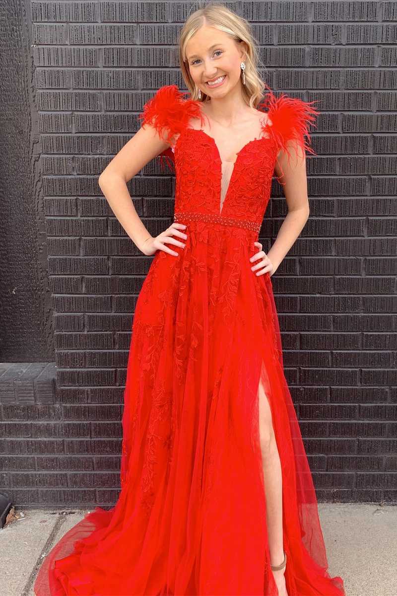 A-Line Appliques Red Feathers Long Party Dress – FancyVestido