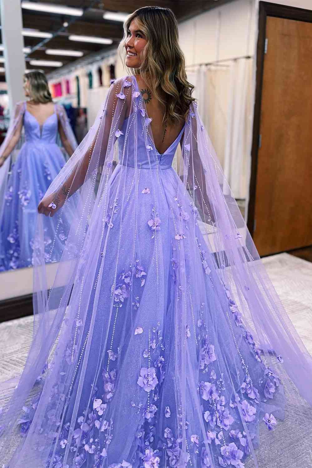 Princess Lavender 3D Flowers Tulle Formal Dress with Cape – FancyVestido