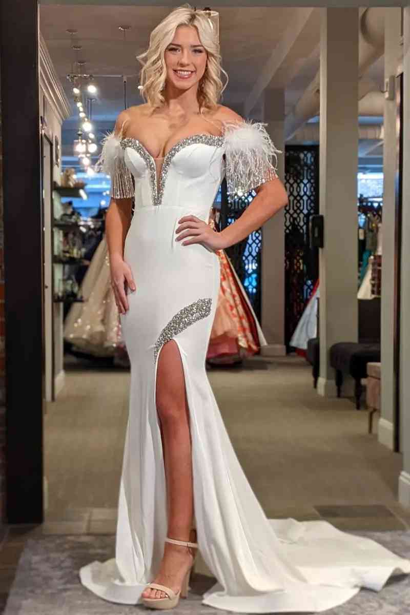 White Off-the-Shoulder Tassel Mermaid Prom Dress with Slit – FancyVestido