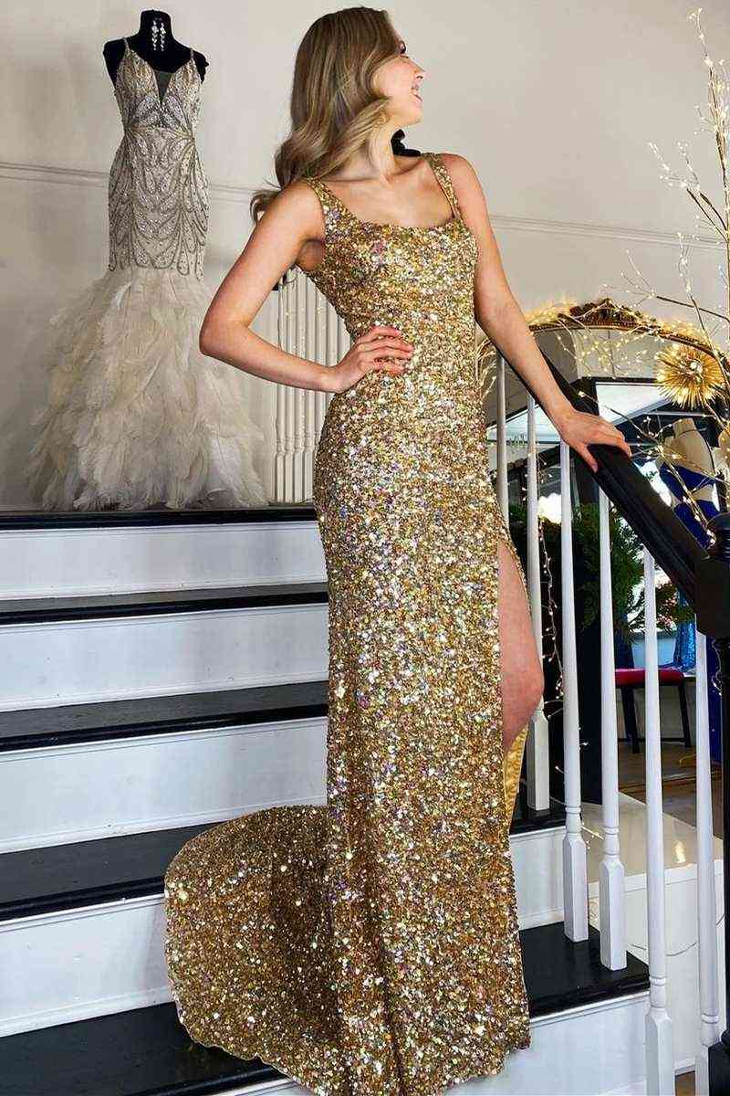 Long Gold Square Neck Prom Dress with High Slit – FancyVestido