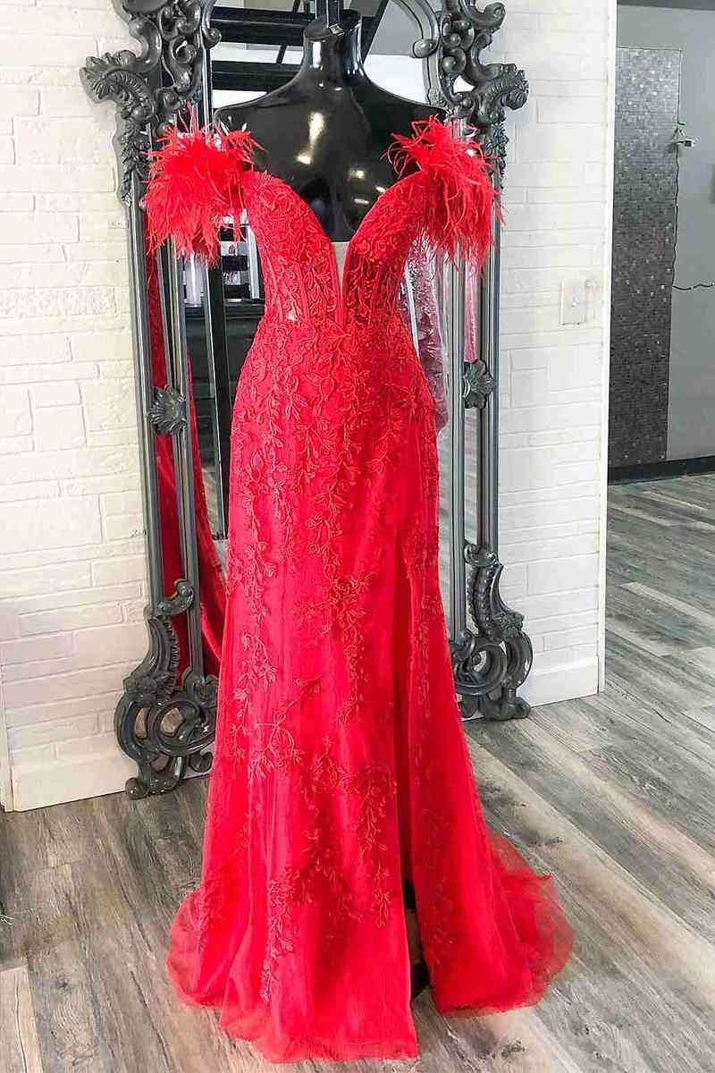 Plunging V-Neck Red Feather Shoulder Long Prom Dress – FancyVestido